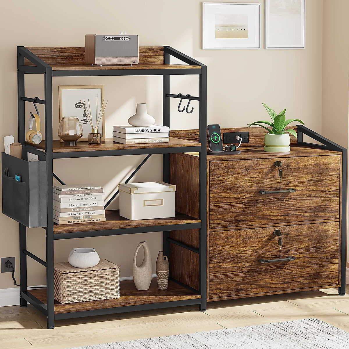 SEDETA 47” File Cabinet with Power Strip, Filing Cabinet fits Legal, Letter, A4 Size, 2 Drawer File Cabinet with Lock, File Cabinets for Home Office with Open Shelf and 3 Hooks, Rustic Brown