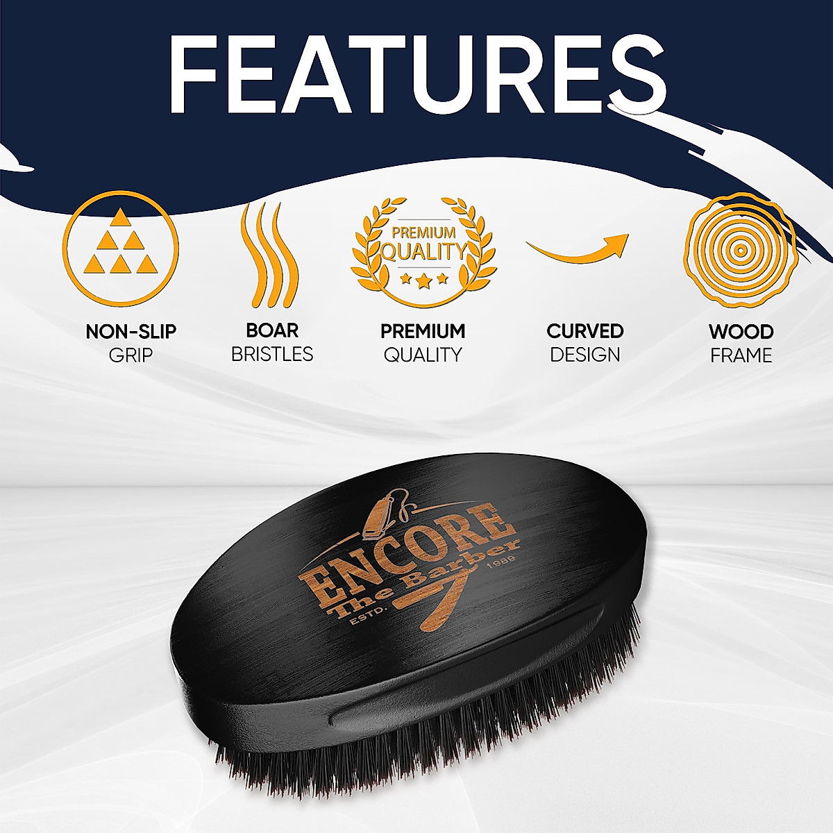 Encore The Barber 360 Wave Brush medium boar bristle | curved palm for men hair (Black)