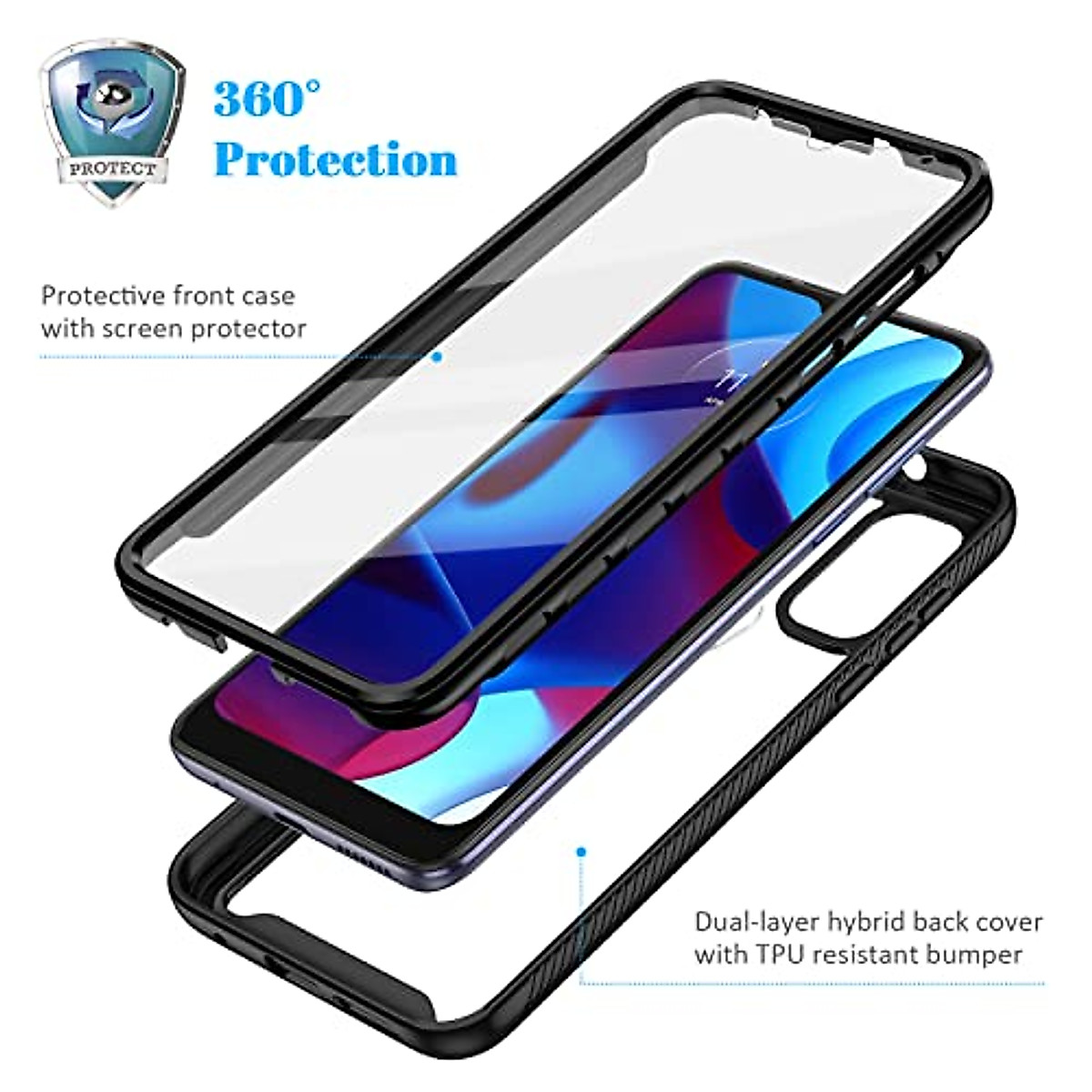 Seacosmo Moto G Pure Case - Full Body Shockproof, Slim & Lightweight with Built-in Screen Protector, Black & Clear