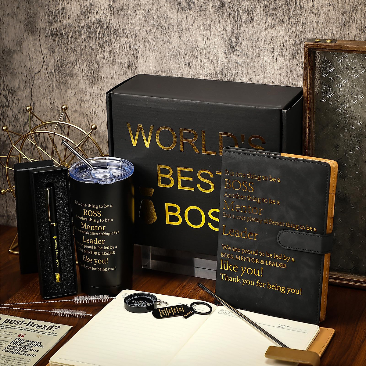 6 Pcs World's Best Boss Gifts for Men World's Best Boss Mug Set Christmas Birthday Office Gifts for Boss Include 20 oz Stainless Steel Tumbler Notebook Ballpoint Pen with Gift Box Keychain Compass