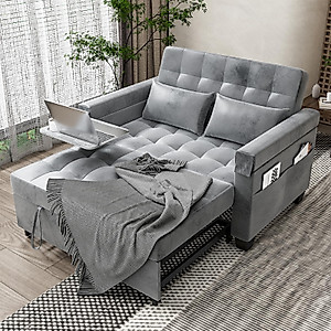 Buenhomino 3 in 1 Convertible Sofa Bed, Modern Futon Pull Out Sleeper Couch, 48'' Velvet Loveseat Chaise Lounge with Adjustable Backrest Pillows, Hidden Side Table for Living Room, Small Space Grey