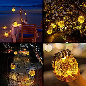 TonyEst Outdoor Solar Lantern, 2 Pack LED Amber Warm Hanging Lanterns Garden Solar Lights Decorative Crackle Glass Ball Waterproof, Solar Powered with 2 Optional Modes for Table Deck Yard Patio Decor