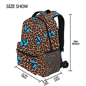 Blue Butterfly Leopard Cheetah Print School Backpack for Boys Girls, Elementary School Bookbag Travel Bag Laptop Daypack with Name Tag