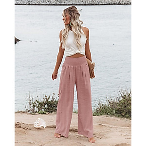 Women's Plus Size Pure Color Pants Elastic High Waist Wide Leg Palazzo Lounge Smocked Casual Trousers Pink 3XL