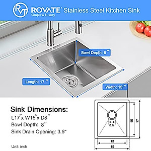 Bar Sink, ROVATE 15 x 17 inch Undermount Bar Sink, Handmade Single Bowl T-304 Stainless Steel Small Kitchen Sink with Strainer
