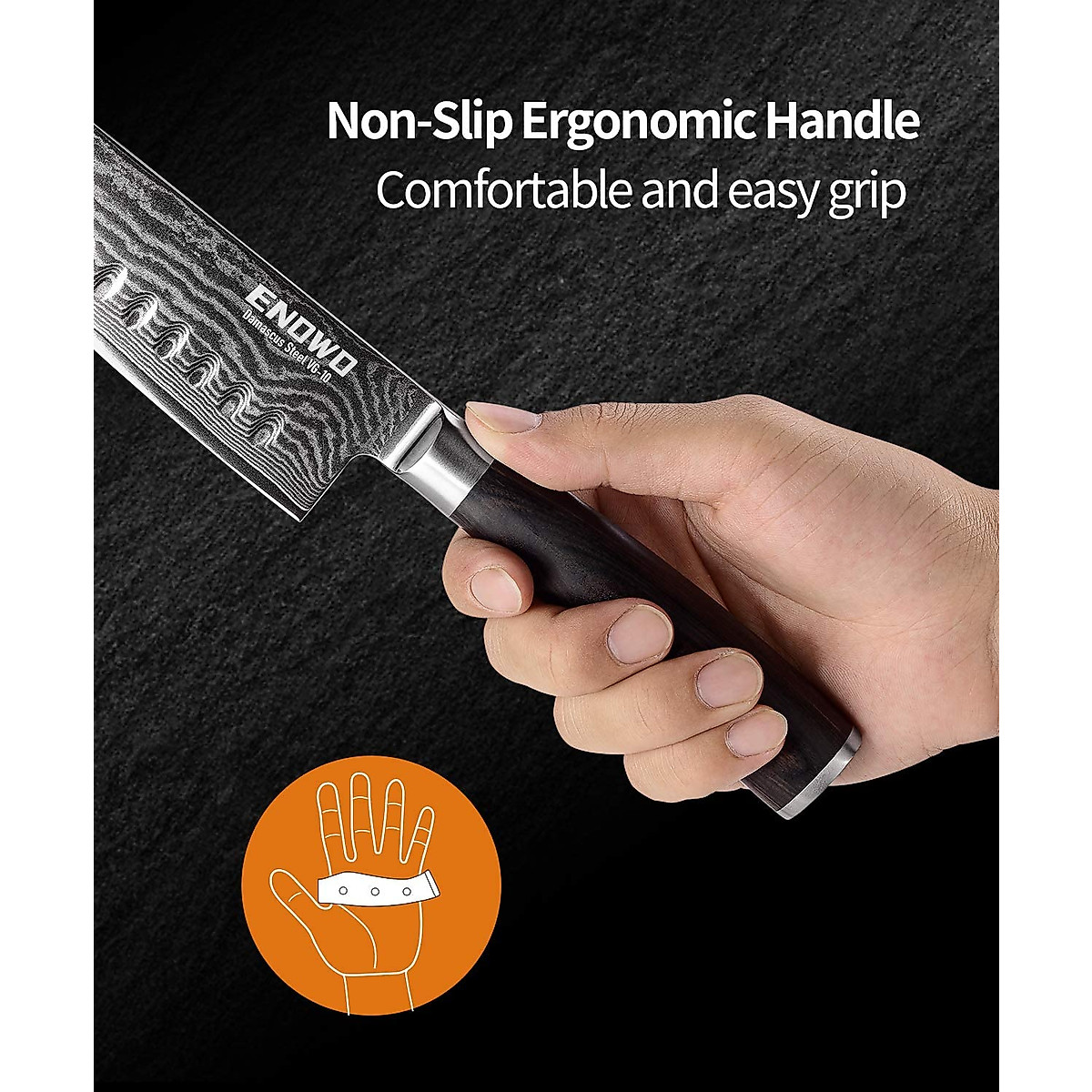 enowo Damascus Chef Knife 8 Inch with Clad Dimple,Razor Sharp Kitchen Carving Sushi Knife Made of Japanese VG-10 Stainless Steel,Gift Box,Ergonomic, Superb Edge Retention