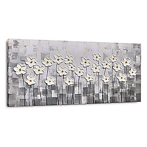 Yihui Arts Canvas Wall Art Grey and White Flowers Pictures Blossom Modern Floral Pallet Knife Painting Framed for Bedroom Kitchen Dinning Room Living Room Office Home Decor