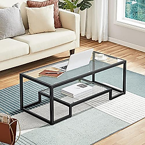 Yaheetech Coffee Table, Tempered Glass Coffee Table, Modern Simple Center Table w/Geometric-Inspired Design & Metal-Frame & Easy Assembly & Open Storage Shelf for Living Room, Office, Black