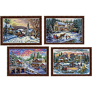 ZuoAnLF 4 Packs Stamped Cross Stitch Kits,Full Range of Embroidery Starter Kits for Beginners,DIY Embroidery Needlepoint Kits Home Decor,11CT,Christmas,Snow Scene,14.2×18.1inch