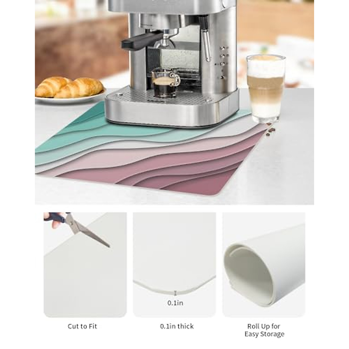 Geometric Wave Line Teal Pink Gradient Coffee Mat Coffee Maker Mat,Super Absorbent Coffee Bar Accessories,Modern Abstract Ocean Beach Non-slip Coffee Station Mat Dish Drying Pad,16x18in