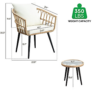 PORWEY 3 Piece Patio Bistro Set, Outdoor Wicker Apartment Balcony Furniture Sets, Rattan Table and Chairs Set of 2 for Porch Backyard Lawn Poolside Deck, Beige