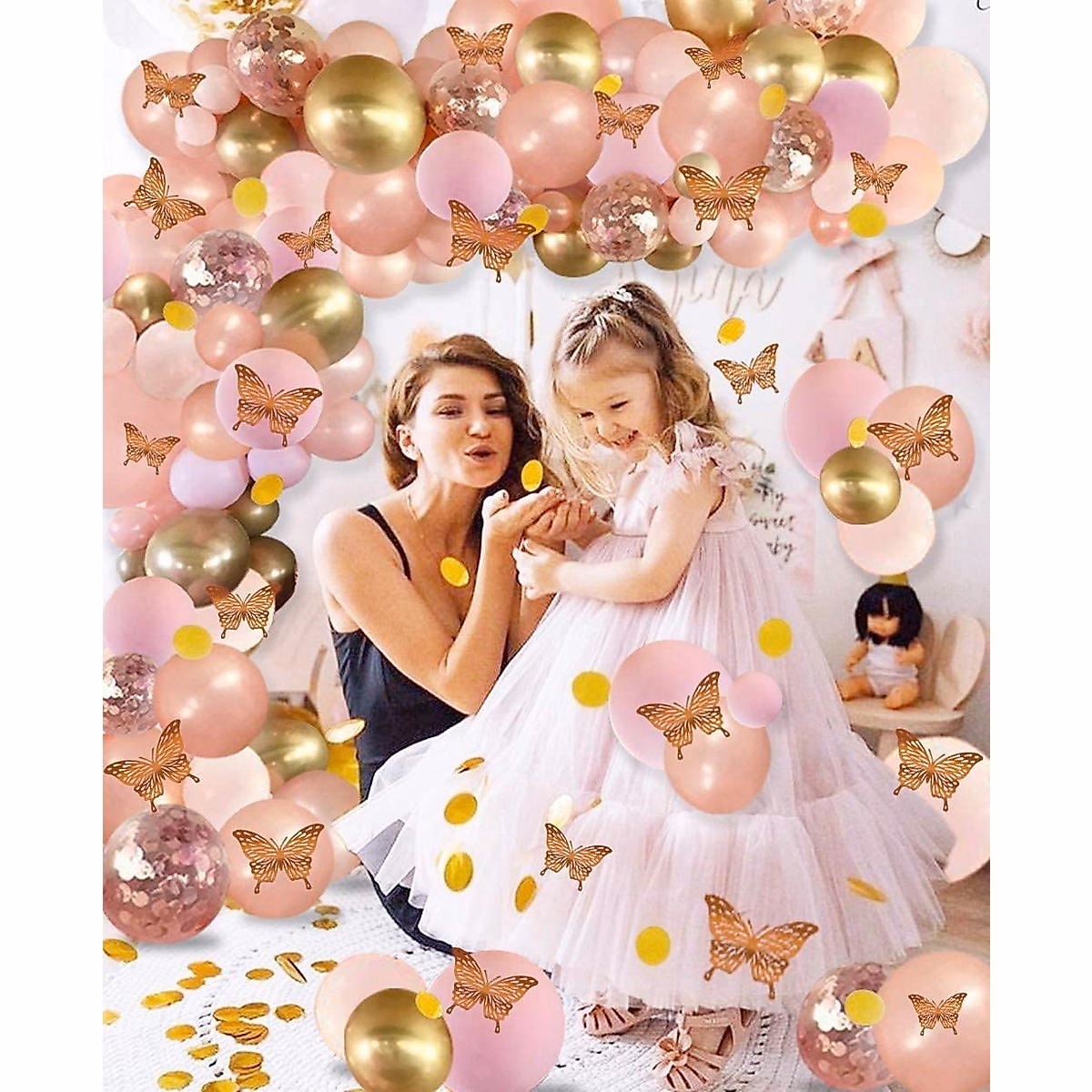 150pcs Rose Gold Pink Butterfly Balloon Garland Arch Kit Theme Baby Shower Birthday Bachelorette Party Decorations for Girl Women, Rose Gold Pink Balloons, Baby Girl Balloon