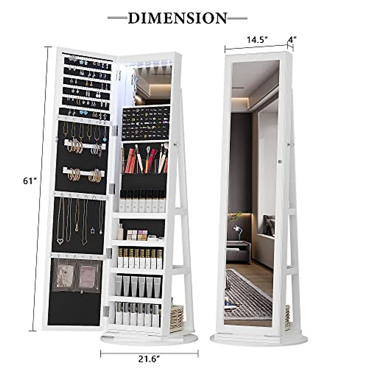 OUTDOOR DOIT 360° Rotating 67'' Jewelry Armoire with 6 LEDS, Full Length Mirror Large Capacity Jewelry Organizer Armoire, Lockable Floor Standing Mirror with Back Storage Shelves
