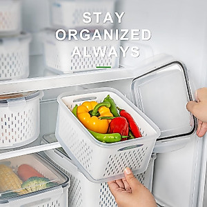 4 PCS Fruit Storage Containers for Fridge with Removable Colander, Airtight Food Storage Container, Dishwasher Safe Produce Saver Container for Refrigerator, Keep Berry Fruit Vegetable Fresh Longer