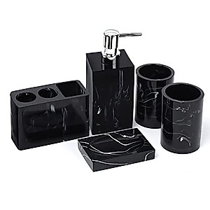 5 Piece Complete Bathroom Accessories Set - Electric Toothbrush Holder, 16.9 oz Dispenser for Liquid Soap or Lotion, Soap Dish, 2 Tumblers, Made of Marble Pattern Resin (Classic Black)