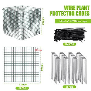 10 Pack Small Wire Plant Protectors 12x12 in Square Plant Protectors from Animals Mesh Plant Cage Chicken Wire Cloche for Plants Shrubs with Ground Stakes and Nylon Ties (Dark Green,Thickness 1mm)