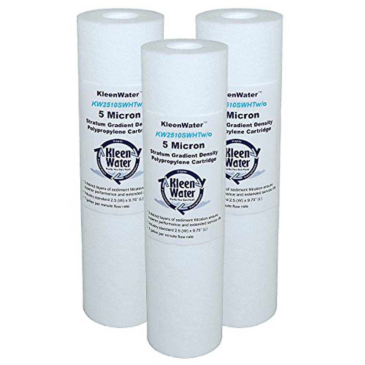 KleenWater KW2510SWHT Replacement High Temperature Polypropylene Filter Cartridges, Dirt Rust Sediment Filtration, No Scale Inhibitor, Made in USA, Set of 3