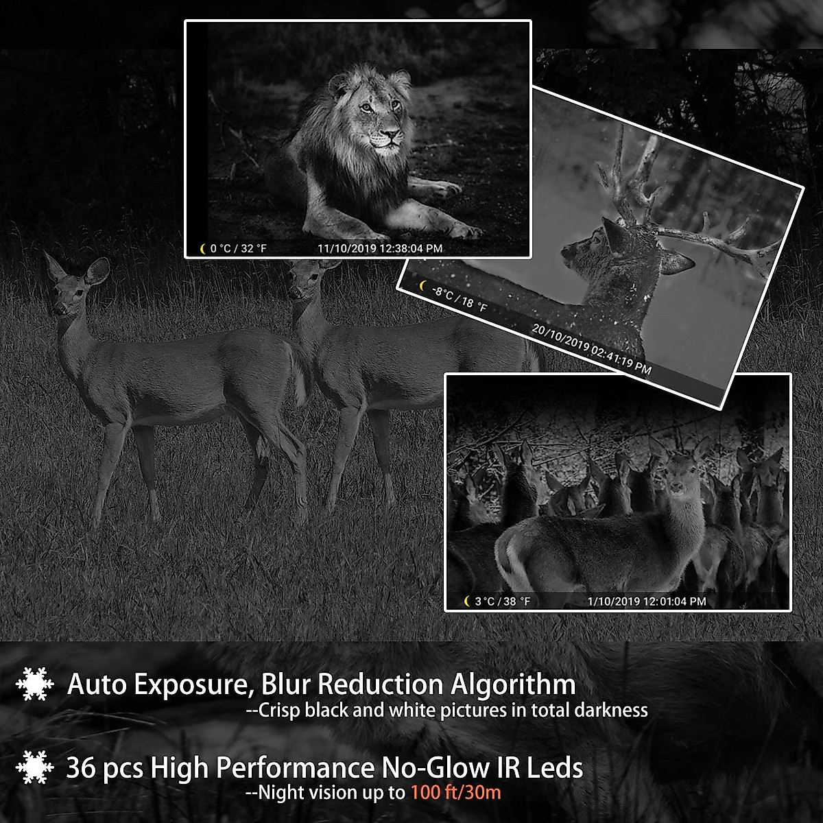 Professional Game & Deer Trail Camera with 100ft Night Vision 24MP Photo 1296P H.264 MP4 Video 0.1S Trigger Motion Activated Waterproof for Outdoor Wildlife Hunting & Home Farmlalnd Surveillance
