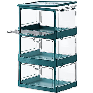 PRANDOM Stackable Clear Storage Bins with Lids,70 Qt Plastic Collapsible Organizer Containers Boxes with Doors for Organizing Closet Bathroom Bedroom Green 15x11.2x8.7 x 3-Pack