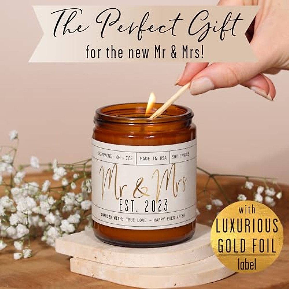 Wedding Gifts for Couples 2023, Mr and Mrs Gifts - 'Mr & Mrs Est. 2023' Candle, w/Champagne on Ice I Unique Newlywed Wedding Gifts for Couple I Wedding Shower Gifts Bride & Groom I 50Hr Burn,USA Made