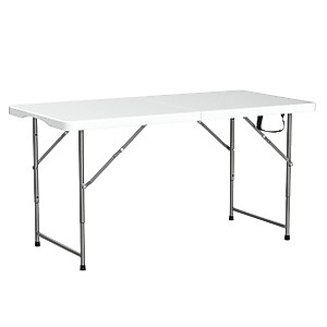 Dkeli Folding Table 4 Foot Portable Picnic Table Plastic Adjustable Height Heavy Duty for Indoor Outdoor Camping, Picnic and Party, Fold in Half with Handle and Steel Legs, White