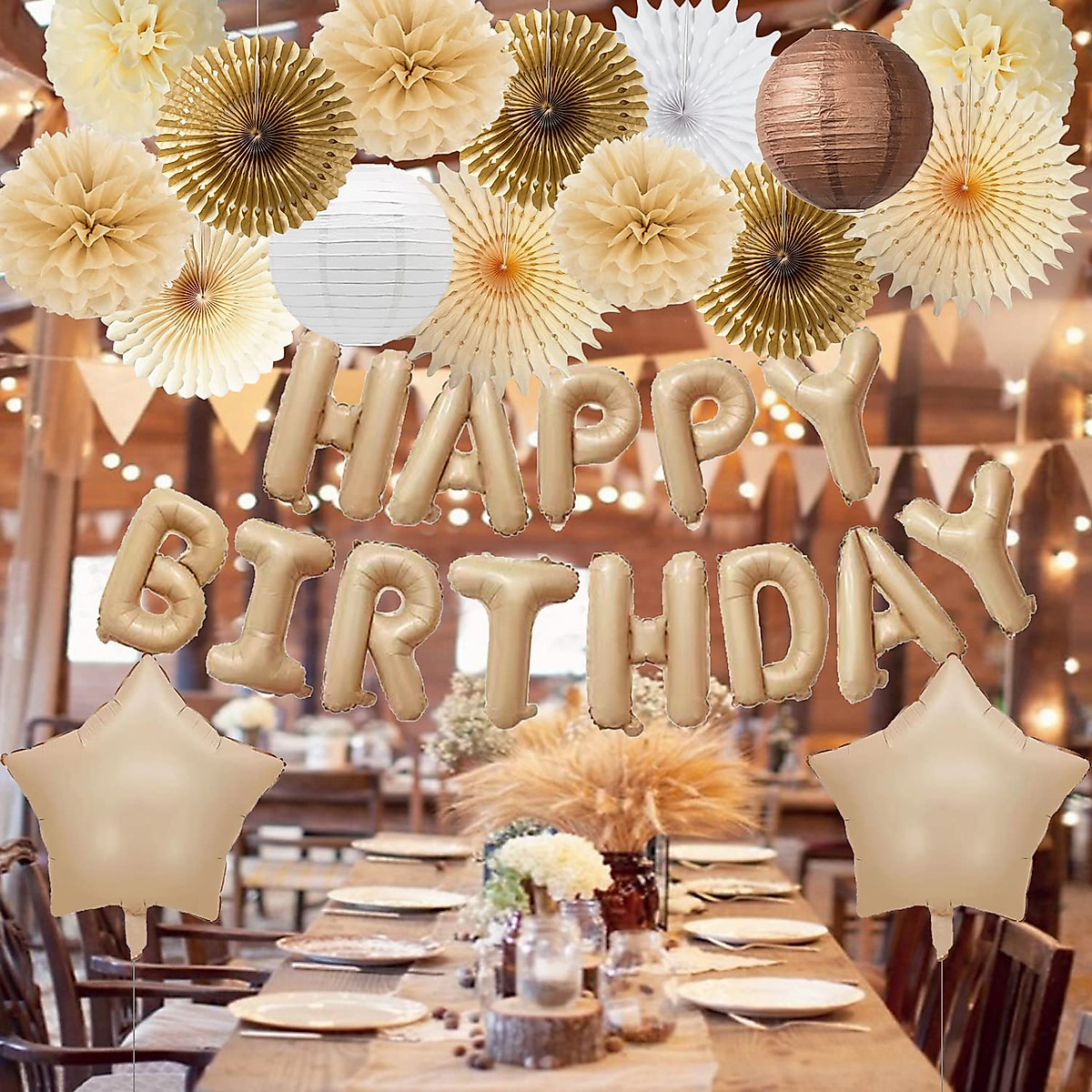 Brown Birthday Party Decorations Rustic Natural Birthday Tan Brown Ivory Paper Fans Paper Pom Poms Flowers Happy Birthday Foil Balloons for Baby Shower Woodland Teddy Bear Birthday Party Decoration