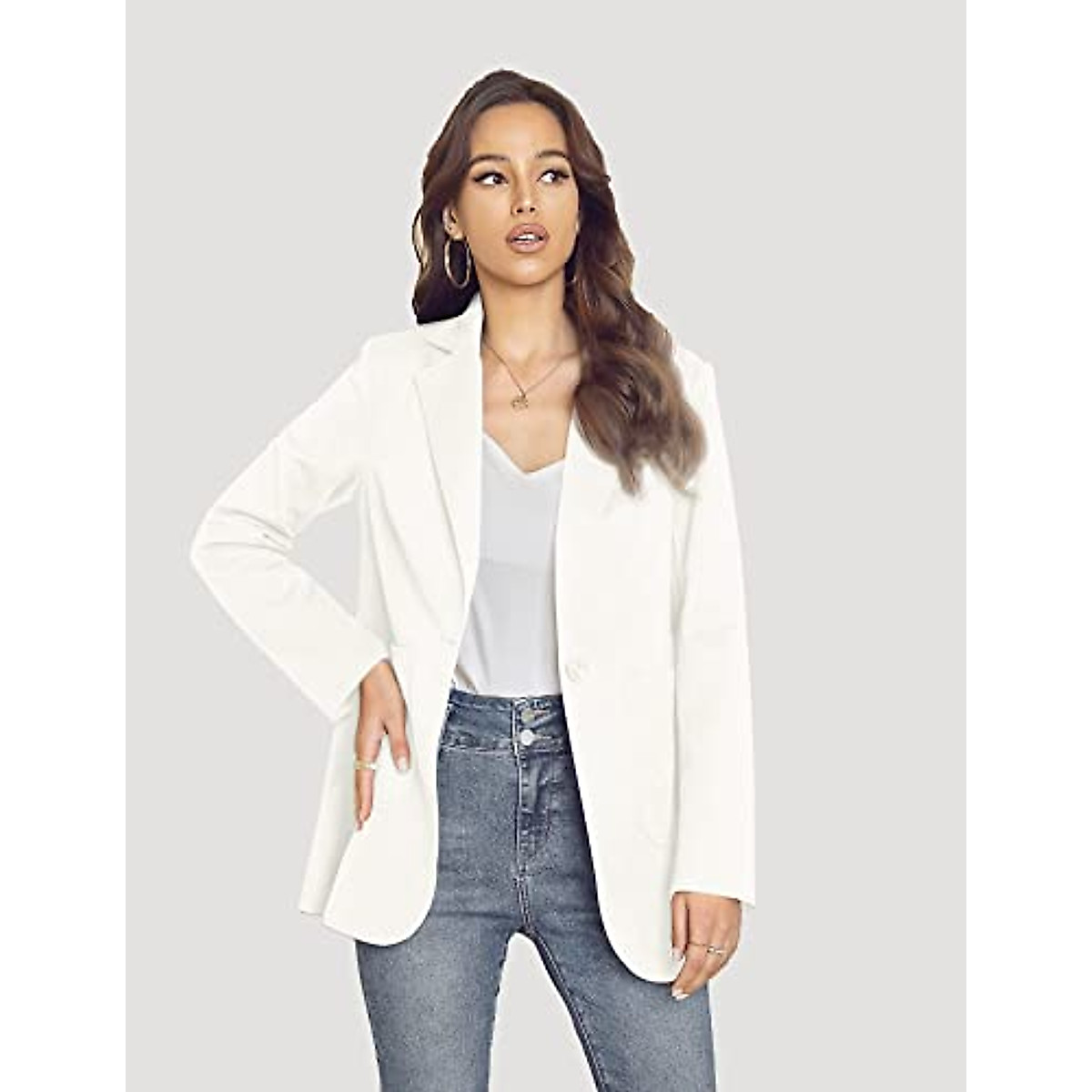 EXTRO&VERT Blazer Jackets for Women Single Button Long Sleeve Patch Pocket Suit for Work Casual White