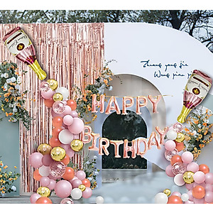 Rose Gold Birthday Decorations for Women, Include Happy Birthday Banner, Rose Gold Champagne Balloon Garland Arch Kit and 2Pcs Rose Gold Fringe Curtain