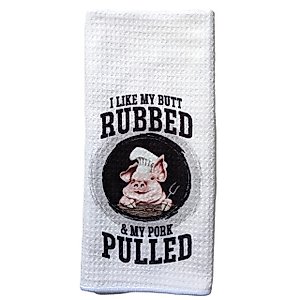 I Like My Butt Rubbed and My Pork Pulled - White Waffle Weave Hand Towel Pig Chef Decor BBQ Grilling Gift