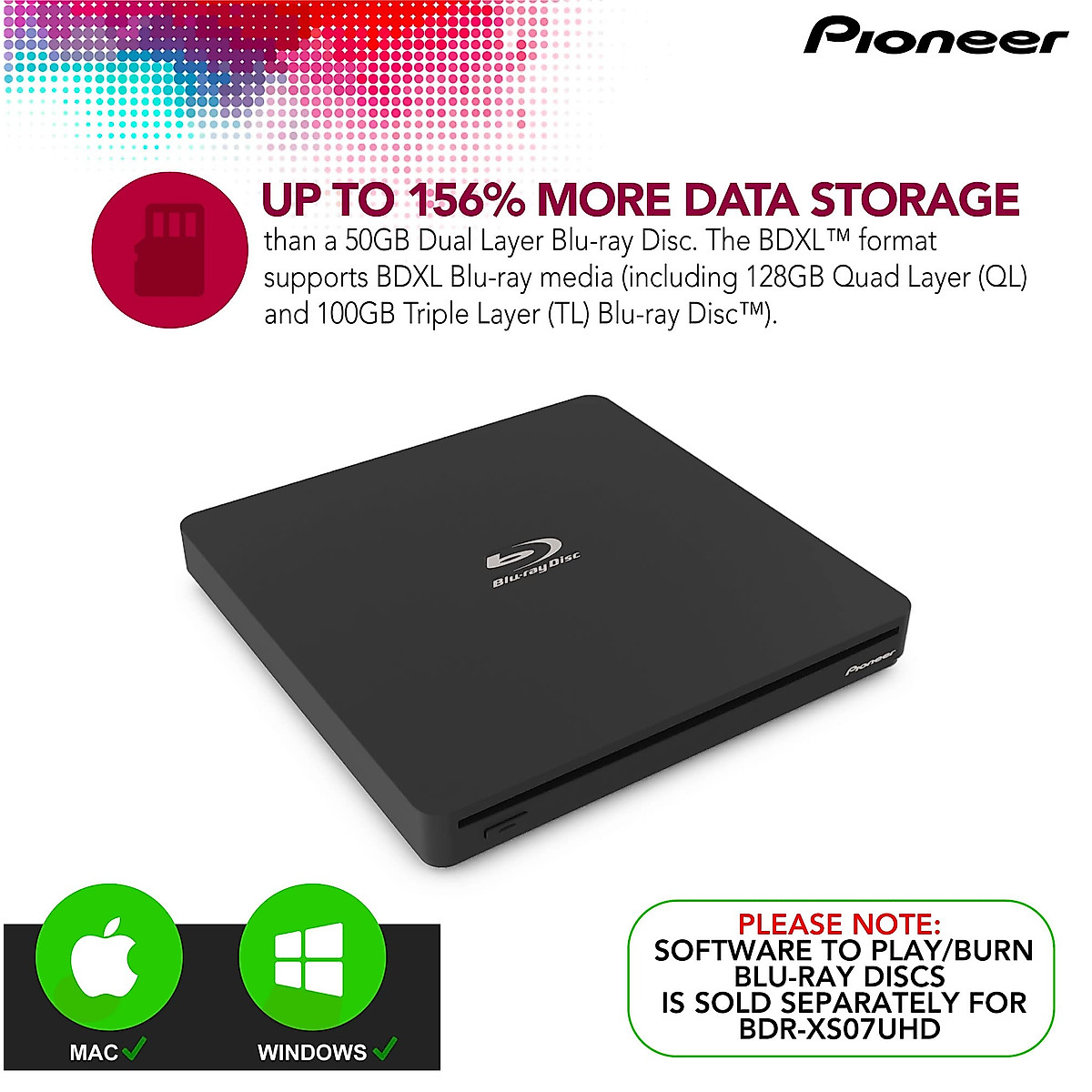 Pioneer BDR-XS07UHD 4K Blu-Ray Portable Burner & DVD Player - 6X Slim External BDXL, BD, DVD & CD Drive for Windows & Mac w/ 3.0 USB, CD Player, Write & Read on Laptop or Desktop w/ Carry Case (Black)