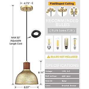2 Pack 1 Light 8” Vintage Gold Pendant Light Fixtures,Industrial Hammer Metal Hanging Light Rubber Wood Brushed Brass Finish Pendant Lamp for Kitchen Island,Farmhouse Dining Room Over Sink