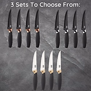Steak Knives Set of 4 - Brooklyn by Taylors Eye Witness. Serrated black ceramic-coated blade with chrome-plated bolster. Corrosion-Free, Easy Clean Ceramic Coating. Soft Grip Handle. 2 Year Guarantee