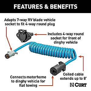 CURT 57285 8-Foot Flat Towing 7-Way RV Blade Motorhome to 4-Way Round Dinghy Vehicle Wiring Adapter Extension Harness and Socket, Blue