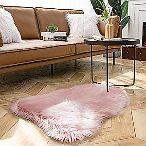 Ashler Home Deco Soft Faux Sheepskin Fur Rug Pink Fluffy Area Rug & Throw Pillow Covers with Pom