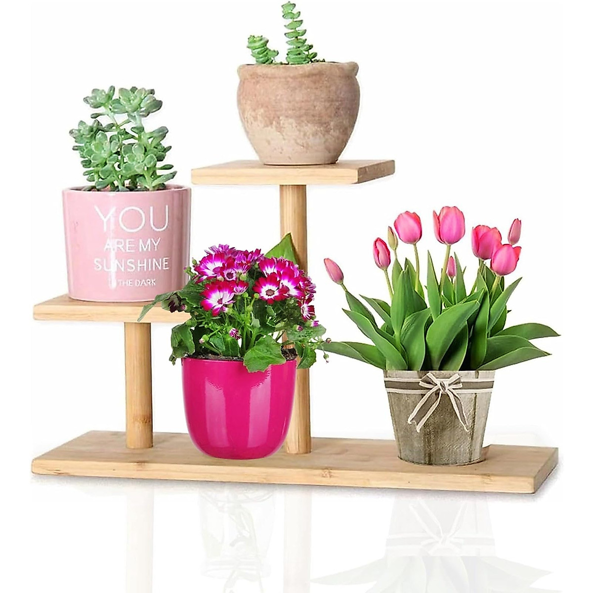 QUMENEY Desktop Plant Stand Indoor Bamboo Mini 3 Tiered Windowsill Shelf Desk Tabletop Shelf Holder Desk Organizer Display Rack for Outdoor Garden Balcony Patio