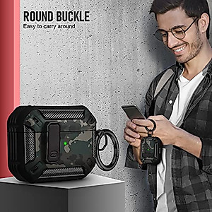 Youskin Airpod Pro 2nd Generation Case Secure Lock Clip Case,Carbon Fiber Military Armor Series Full-Body Rugged Hard Shell Airpod Pro 2 Case for Men Women with Keychain,Green Camo