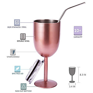 AMZUShome Stainless Steel Wine Glasses Cups.Double Walled Vacuum Insulated Wine Tumbler With Lid and Straw.Friendship,Christmas,Birthday Gifts for Women Men Friends Dad Mom(10oz Rose Gold)