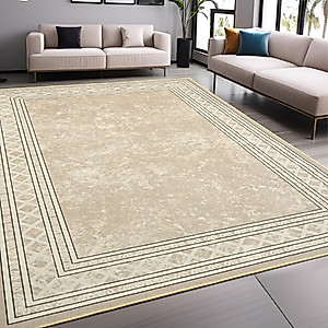Tepook Modern Bordered 4x6 Area Rugs for Bedroom Aesthetic, Indoor Machine Washable Rugs for Living Room, Low Pile Throw Rugs with Rubber Backing for Office Dining Room Kitchen, Beige