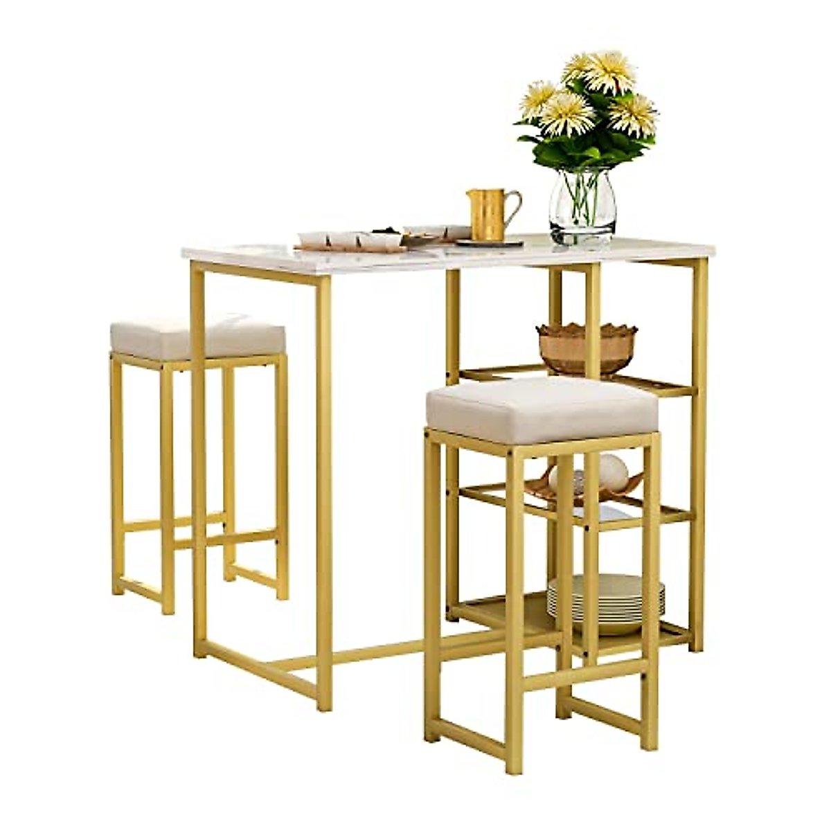 Recaceik 3-Piece Modern Bar Table Set, Pub Table Dining Table Set with Open Storage Shelves, Bar Table and Chairs Set with 2 PU Bar Stools, Counter Height Table Kitchen Table Set for Small Space