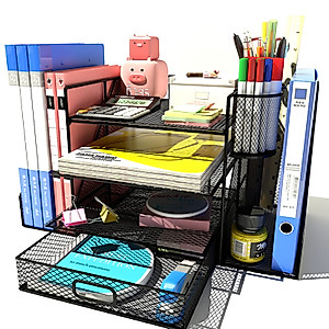 navmen Desk Organizer with File Holder,4 Tier Metal Mesh Desktop Organizer Paper Letter Tray Organizer with Drawer Holder and 2 Pen Holder,for Office Supplies Home or School Storage,(Black)