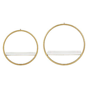 Kate and Laurel Wicks Modern Glam Floating Wall Shelf Set of 2 | Round Gold Metal Frame with White Painted Solid Wood Shelf Boards