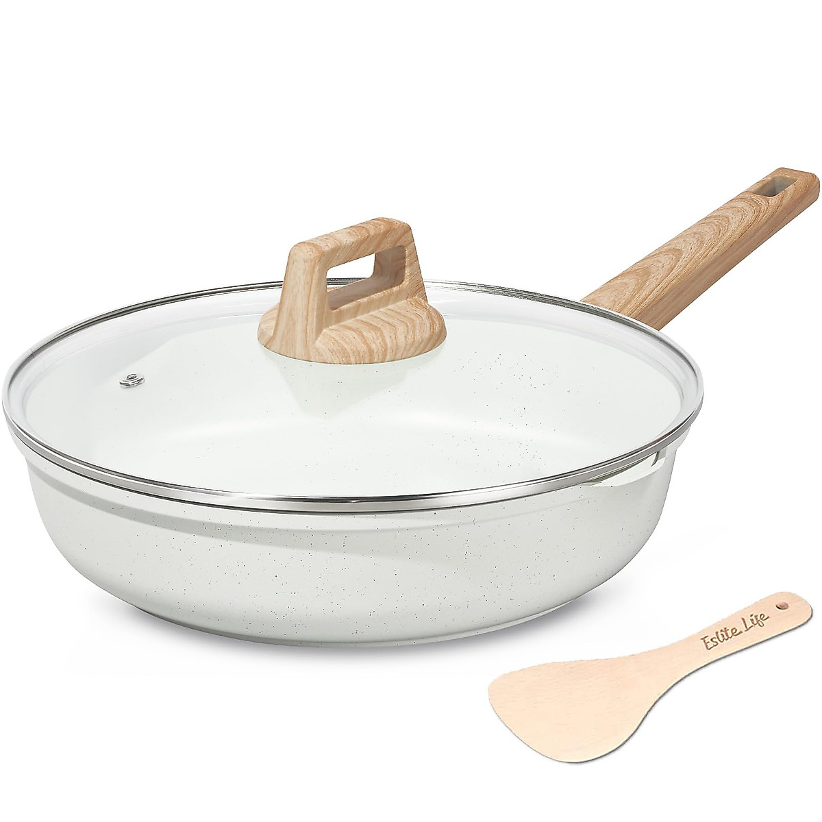 ESLITE LIFE Nonstick Frying Pan Skillet with Lid, Healthy Granite Coating Egg Omelette Pan Stone Cookware Chef's Pan, PFOA Free(Cream, 8" w/Lid & Spatulas)