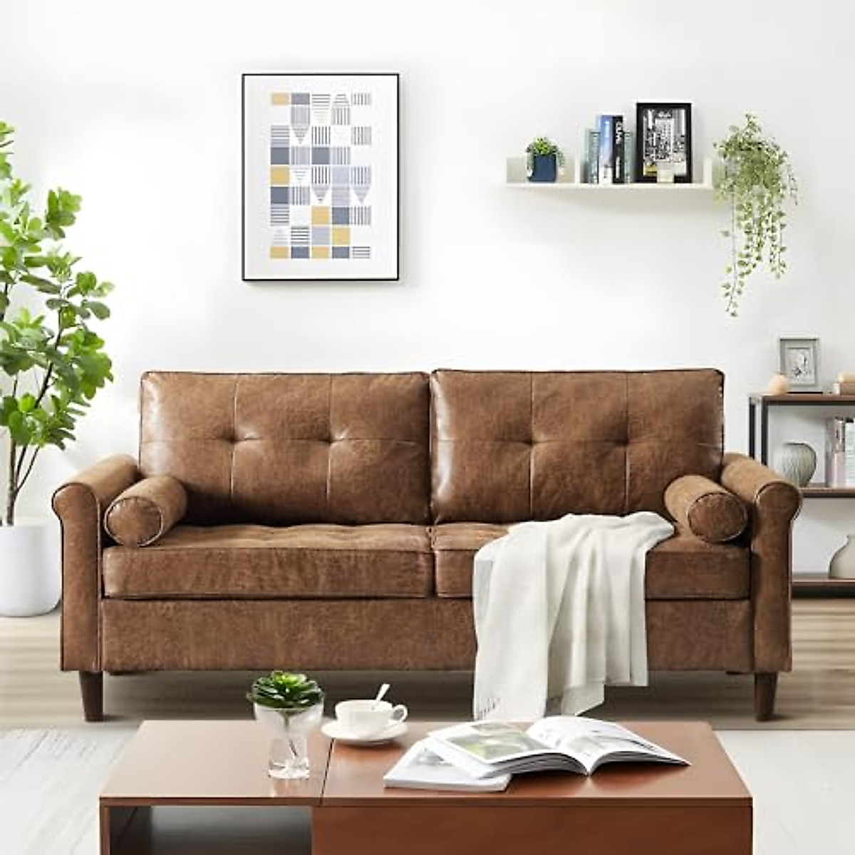 JEEOHEY Small Couch, 64 Inch Mid-Century Modern Faux Leather Upholstered Loveseat Sofa Furniture for Small Space, Living Room, Bedroom, 2 Throw Pillows, Rolled Arm, Comfy Seat & Back Cushion, Brown