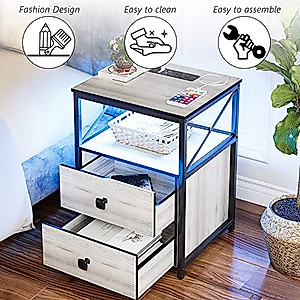 Lvifur LED Nightstand with Charging Station for Bedroom Furniture,3 Color Dimmable Auto Sensor Classical Bedside End Side Table Side Bed Table with 2 Drawers