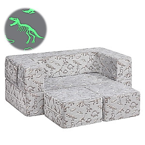ALIMORDEN 3-in-1 Modular Toddler Couch, Glow-in-The-Dark Dinosaurs Flip Out Kids Couch, Nugget Couch with Two Ottomans and Side Pocket for Boys and Girls, Grey