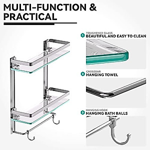 GeekDigg bathroom glass shelf with towel bar, 2 tier wall mounted tempered glass shower storage organizer with 8MM extra thick, 15.2 by 5 inches - Not Brushed Nickel