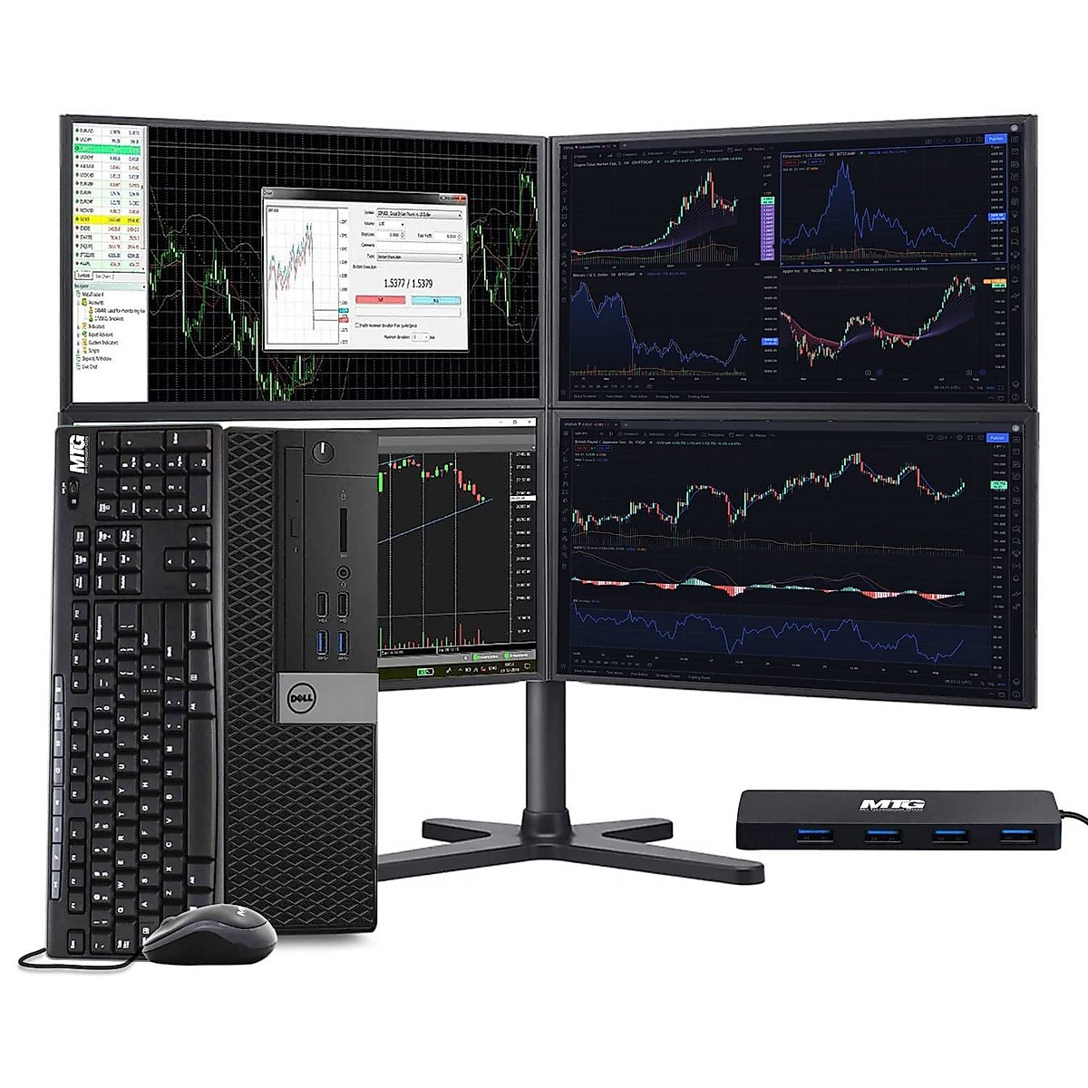 Dell Trading Optimized PC Bundle Intel i5 6th Gen, 32GB RAM, 512 GB nvme SSD, 4 New 24” Monitors, 2 Network Cards, Trading Platform Support, MTG 4 in 1 USB HUB, Keyboard & Mouse Win 10 Pro (Renewed)