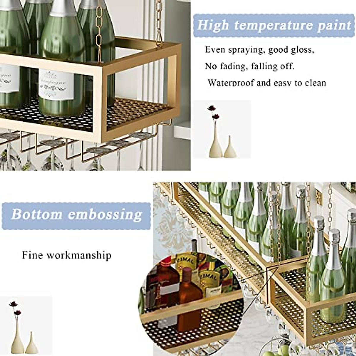 DASHADAO Hanging Wine Glass Rack-Bar Unit Floating Shelves, Metal Chain Wine Rack Ceiling Hanging Wine Bottle Holder with Goblet Stemware Racks Kitchen Upside Down Wine Rack Home Storage Sh