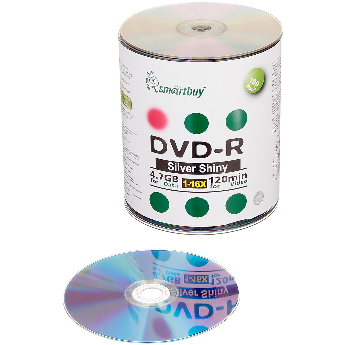Smart Buy 100 Pack DVD-r 4.7gb 16x Shiny Silver Blank Data Video Movie Recordable Media Disc, 100 Disc 100pk