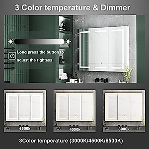 ECACAD LED Lighted Bathroom Medicine Cabinet with Mirror & Shelves, Wall Mounted Bathroom Mirror Cabinet with 3 Doors, Defogger， Adjustable Light Color & Brightness, White